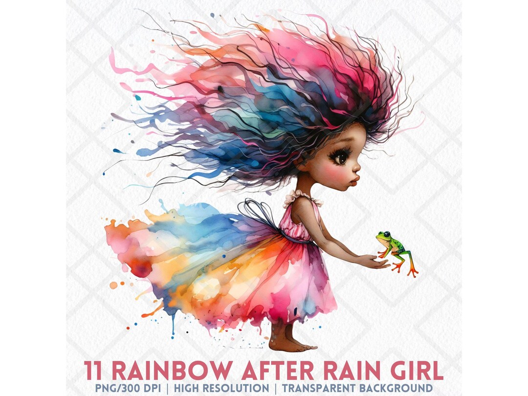 Rainbow After Rain Girl Clipart, Whimsical Windswept Hair Girl PNG ...