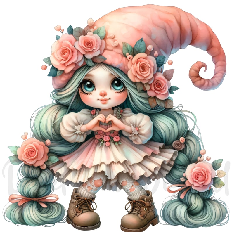 12 Mint Meadow Gnome Clipart PNG Green Braided Hair Girl Floral Hat ...