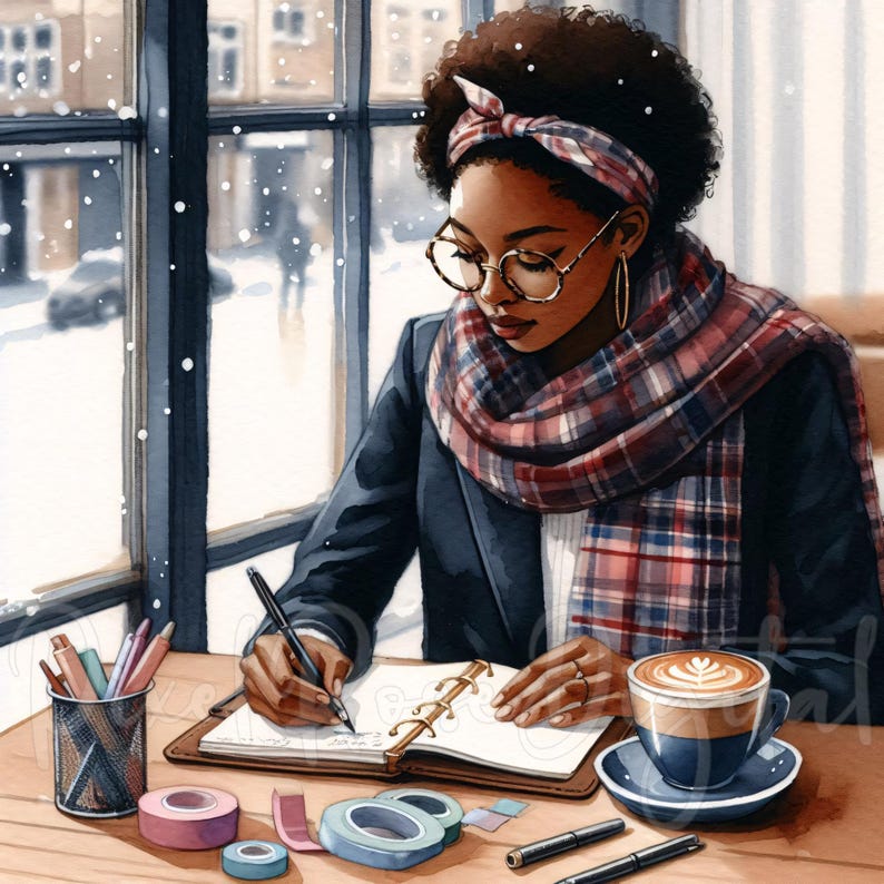 12 Planner Girl Winter Clipart PNG Black Woman at Café Writing in ...