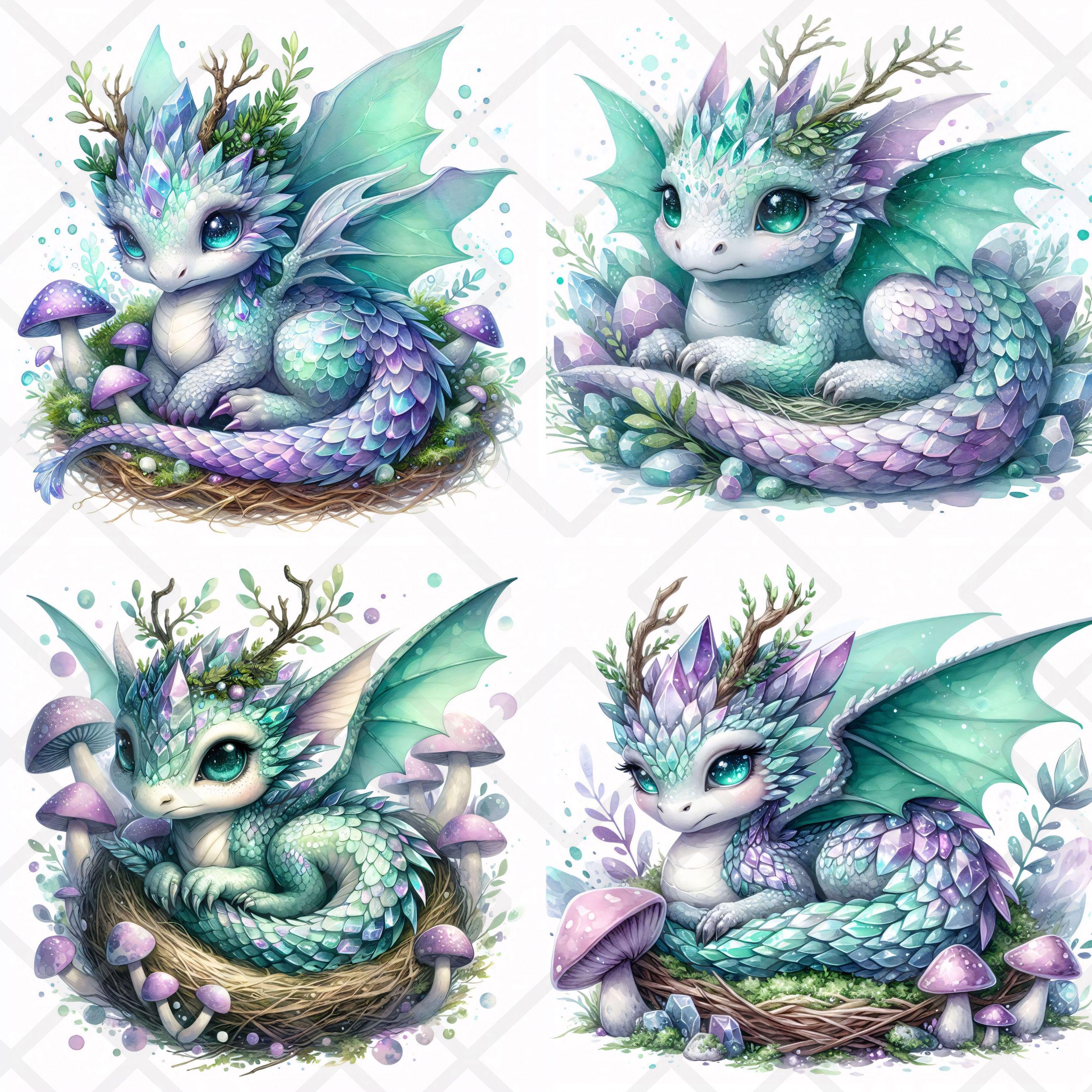 Crystal Forest Hatchling JPG Clipart, Cute Watercolor Baby Dragon With ...