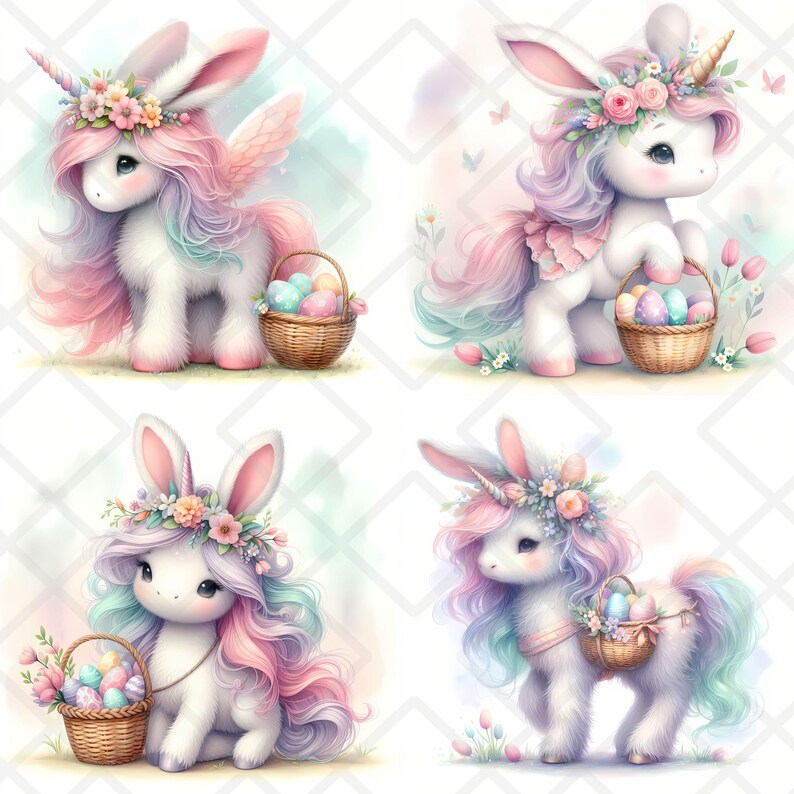 Watercolor Bunny-eared Unicorn Clipart JPG, Happy Easter Clipart ...