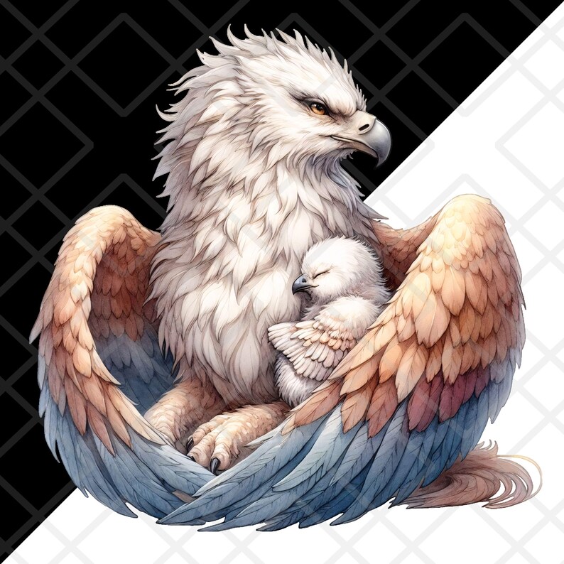 Griffin Mother and Chick Clipart PNG, Mythical Creature Mom and Baby ...