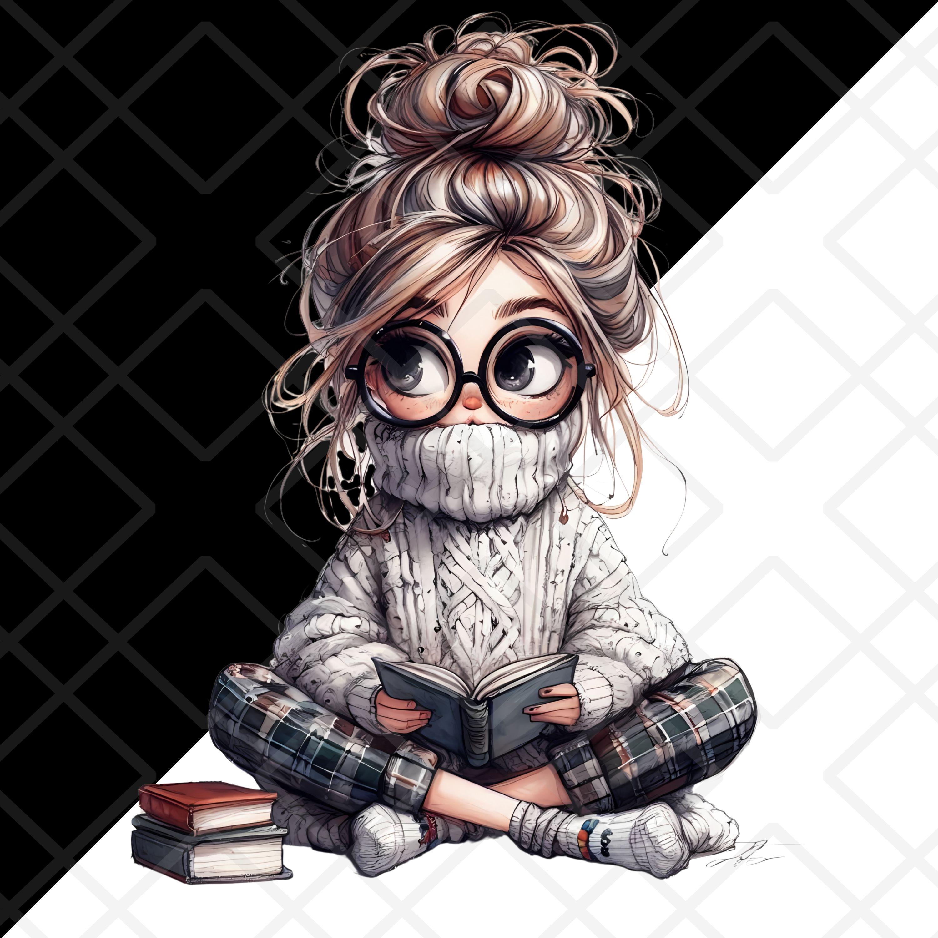 Cozy Bookworm Girl Clipart PNG, Cute Watercolor Nerdy Girl, Plaid Scarf ...