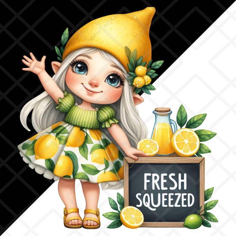 Watercolor Lemon Gnome Girl Clipart PNG Yellow Summer Kawaii Gnome ...