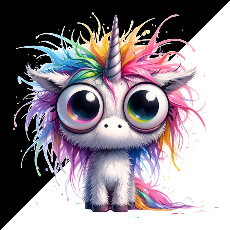 Watercolor Frazzled Rainbow Unicorn PNG, Quirky Big Eyes Cute Unicorn ...