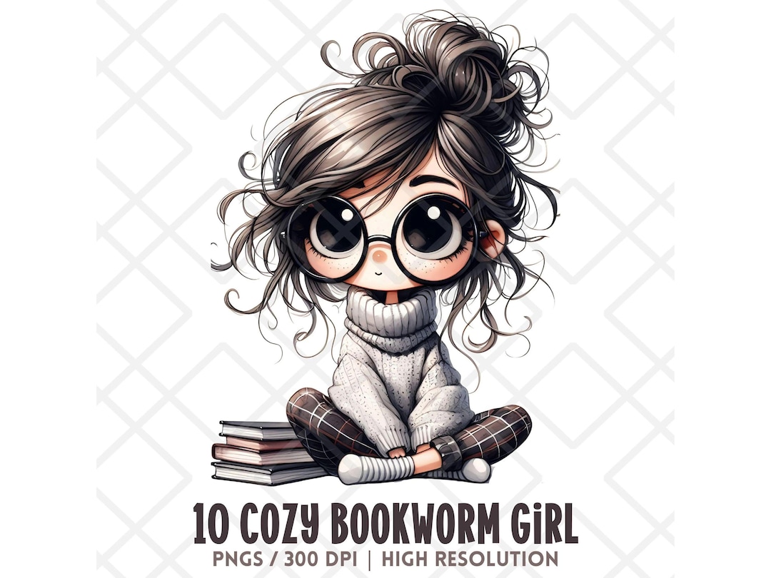 Cozy Bookworm Girl Clipart PNG, Cute Watercolor Nerdy Girl, Plaid Scarf ...