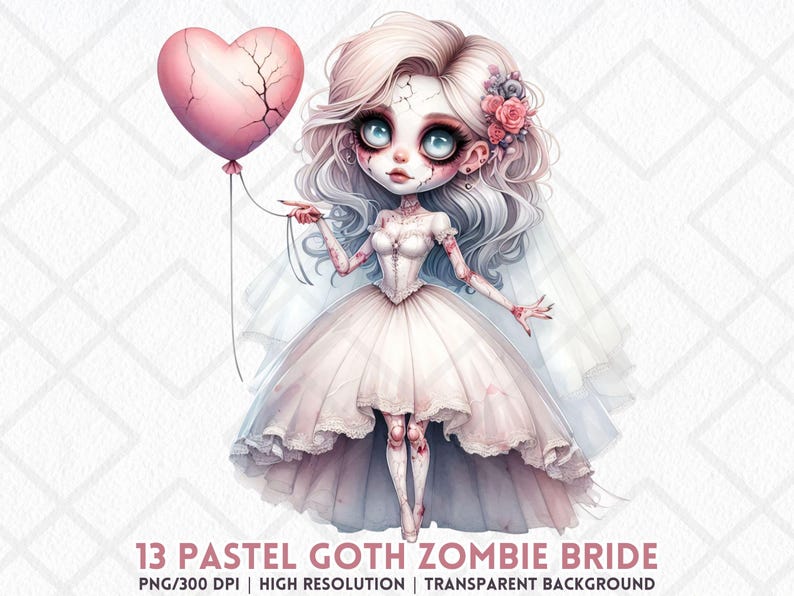 Pastel Goth Zombie Bride Clipart PNG Creepy Cute Undead Chibi Girl Pink ...
