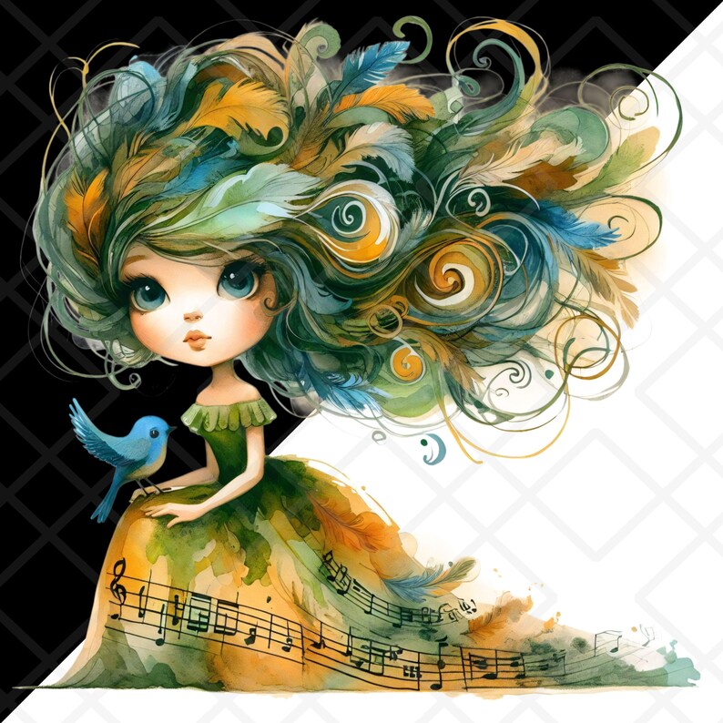 Songbird Symphony Girl Clipart, Whimsical Windswept Hair Girl PNG ...