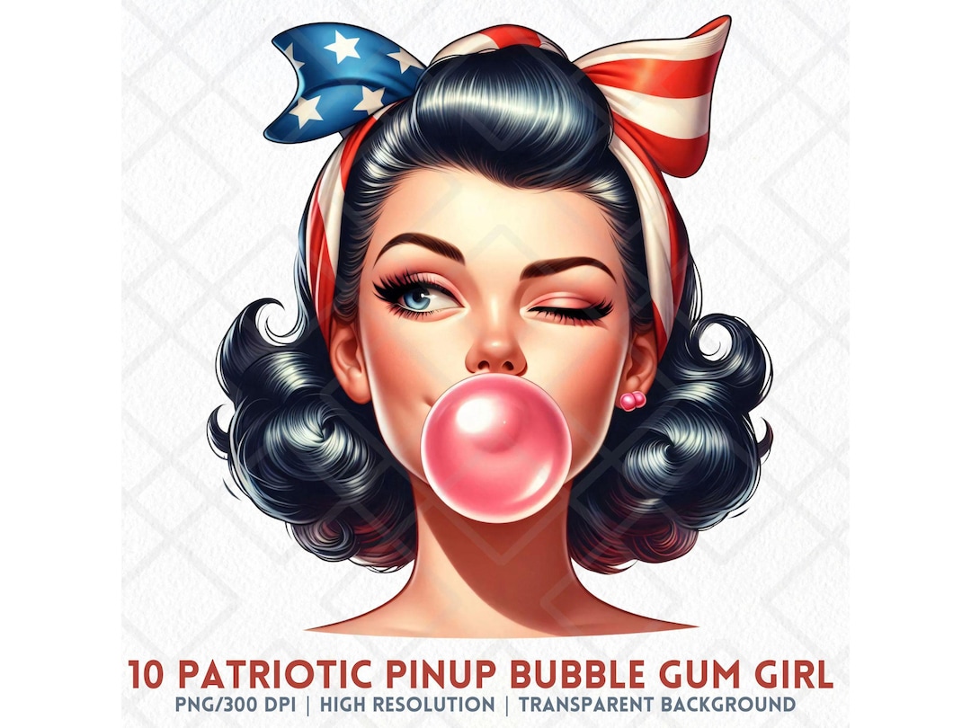 Patriotic Pinup Girl Blowing Bubble Gum, Retro 4th of July Clipart PNG ...