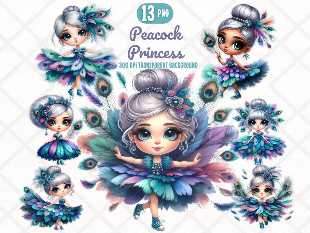 Peacock Princess Clipart PNG Transparent Background Chibi Girl Bird ...