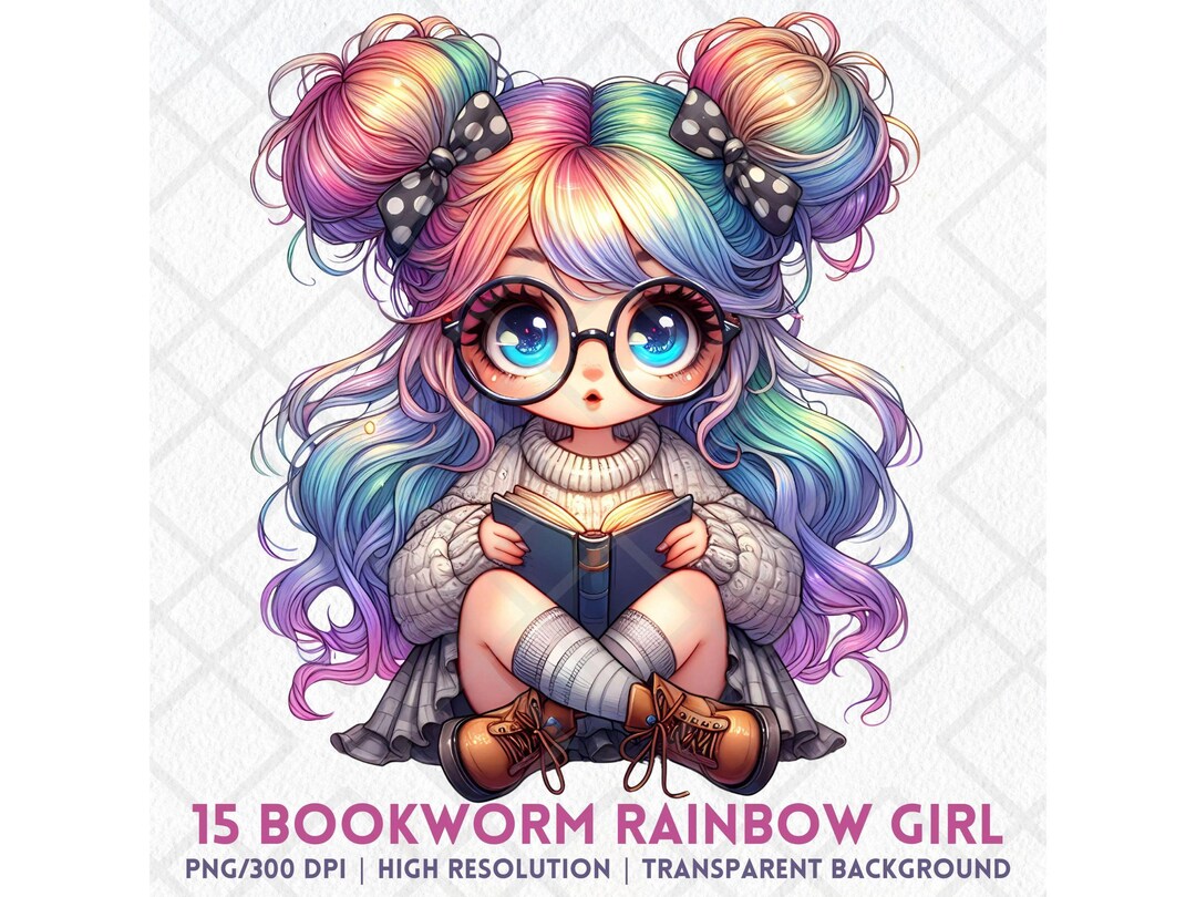 Whimsical Rainbow Bookworm Girl PNG, Magical Reading Girl Clipart, Cute ...