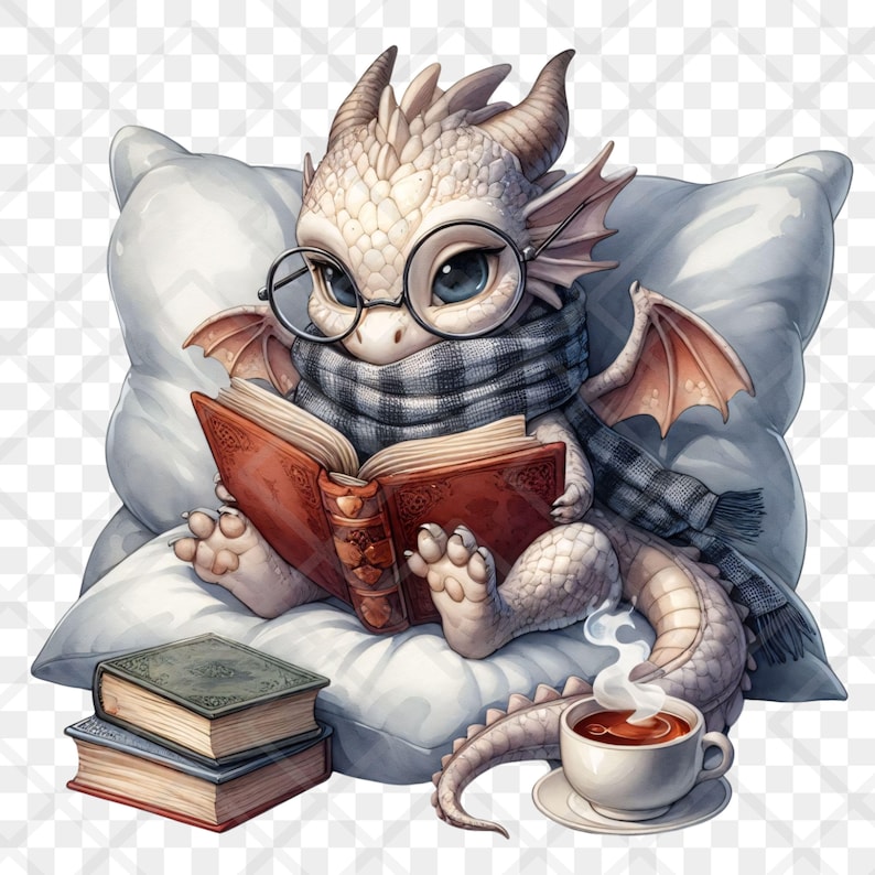 Bookish Dragon Clipart PNG Cute Reading Baby Dragon With Books Cozy ...
