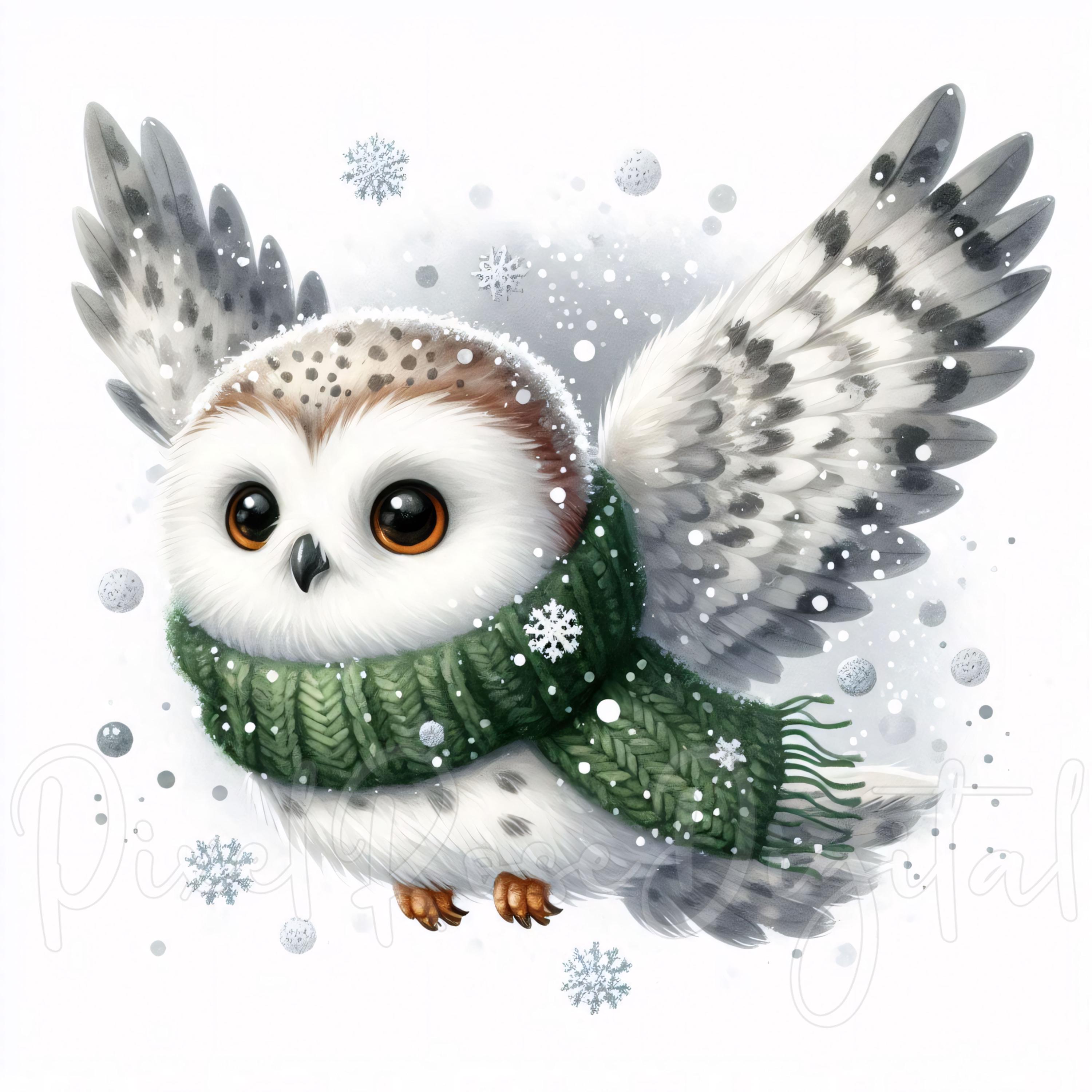 Christmas Owl Clipart, Cute Snowy Owl in Scarf JPG, Winter Bird ...