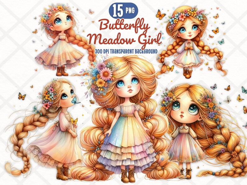 Butterfly Meadow Girl PNG Bundle Chibi Spring Girl Clipart Watercolor ...