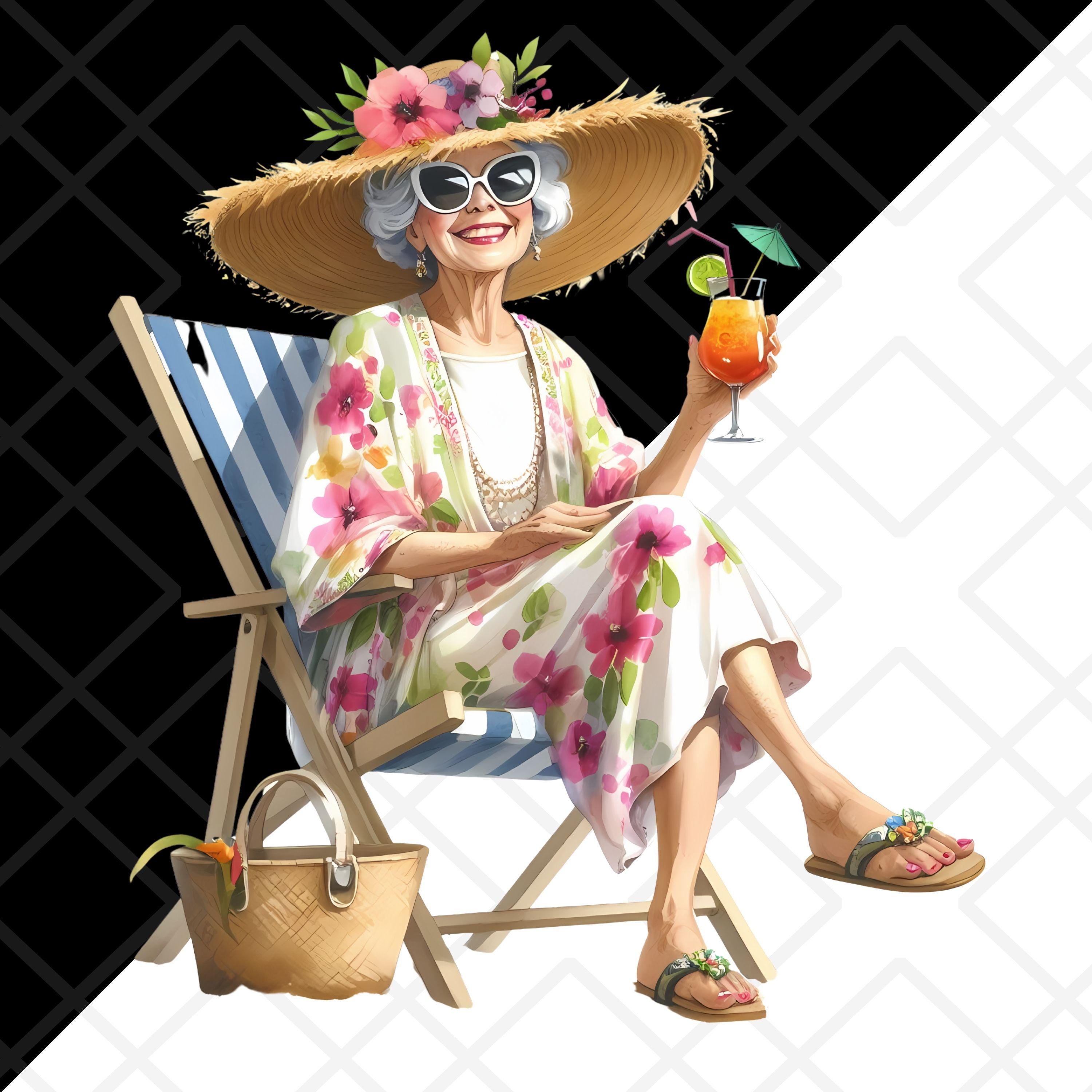 Summer Beach Grandma Clipart PNG, Relaxing Old Lady Cocktail Watercolor ...