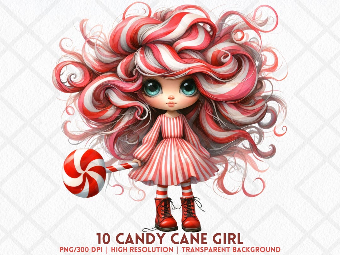 Candy Cane Girl Christmas Clipart Bundle With Windswept Hair Cute ...