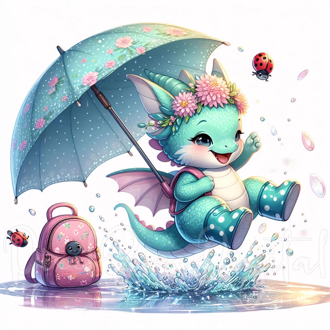 14 Rainboot Splasher Dragon Clipart Cute Spring Dragon With Umbrella ...