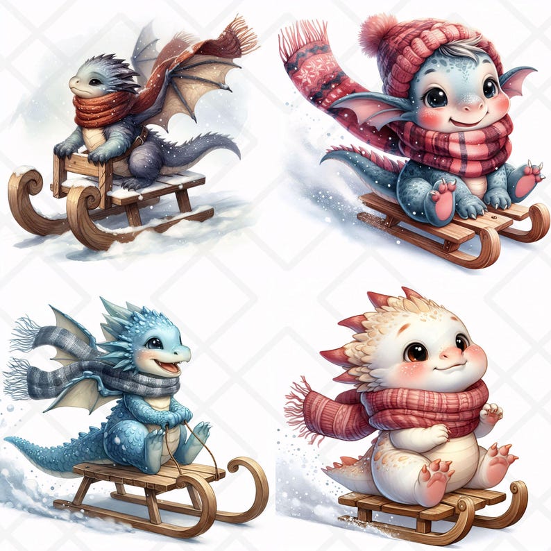 Sledding Dragon Clipart JPG Cute Winter Dragon on Sled Fantasy Snow Day ...