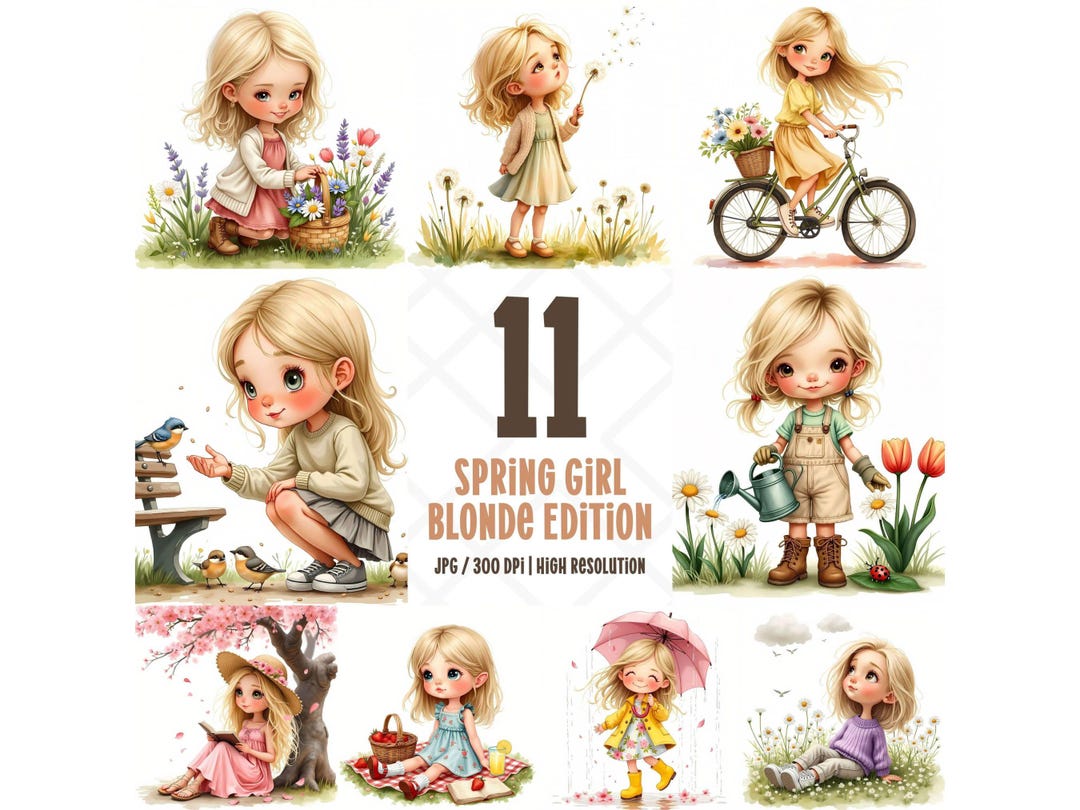 Watercolor Cute Springtime Dolls Clip Art, Blonde Girl Spring Clipart ...
