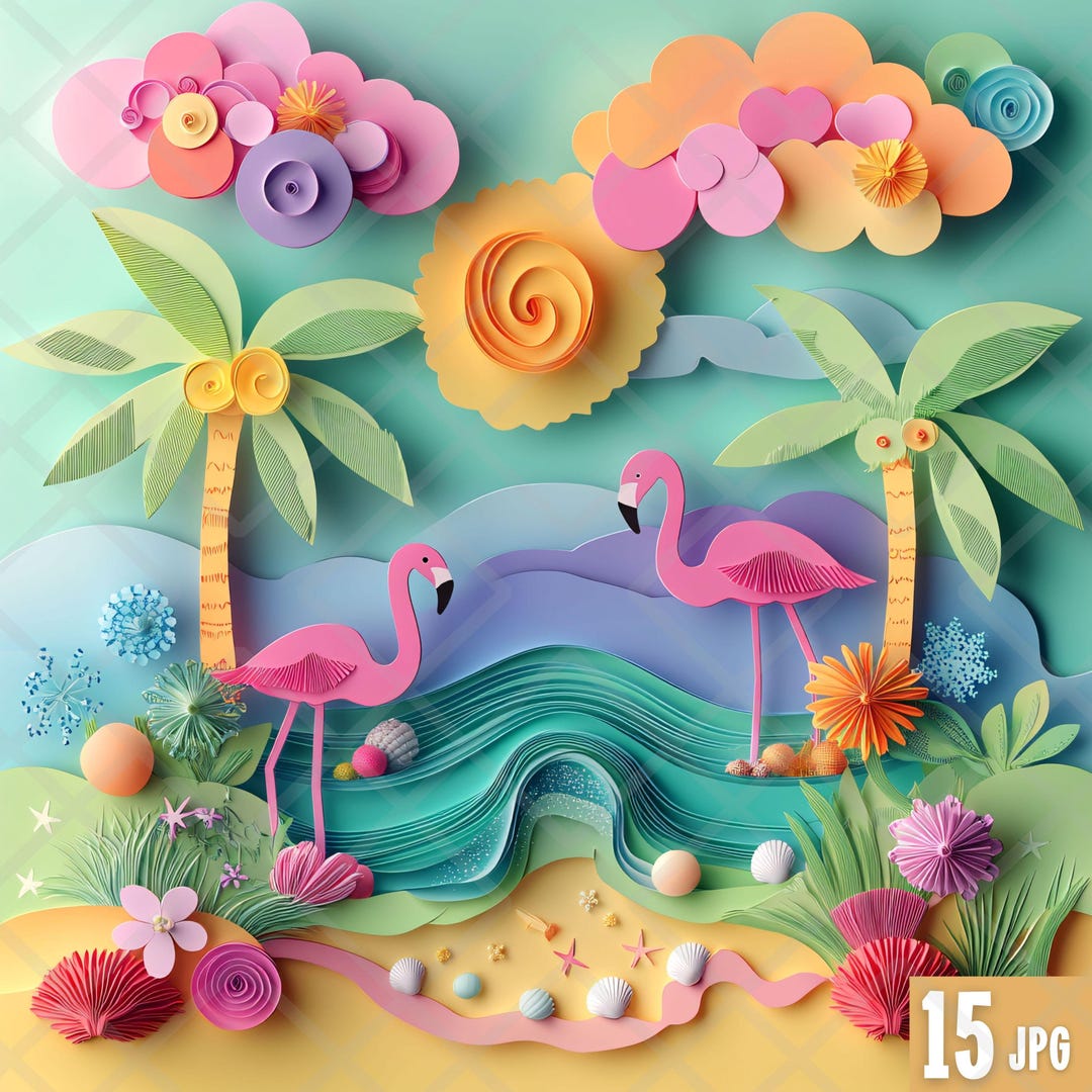 Summer Flamingo Paper Cutout JPG, Tropical Beach Scene Palm Trees ...