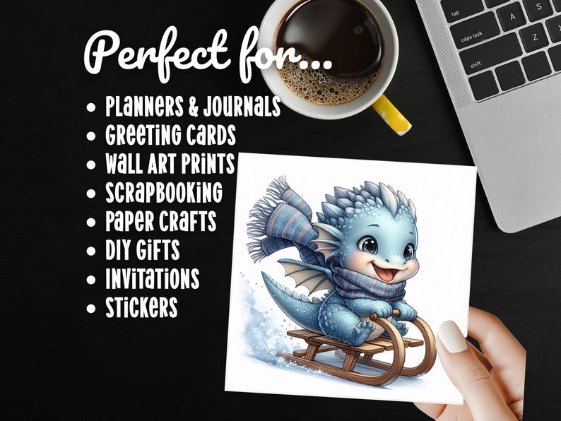 Sledding Dragon Clipart JPG Cute Winter Dragon on Sled Fantasy Snow Day ...