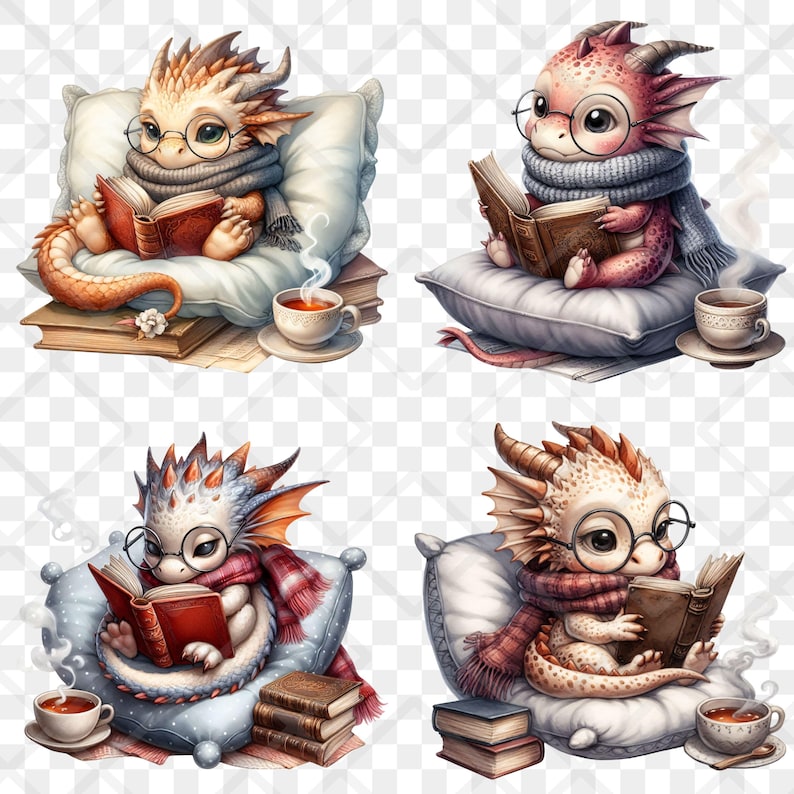 Bookish Dragon Clipart PNG Cute Reading Baby Dragon With Books Cozy ...