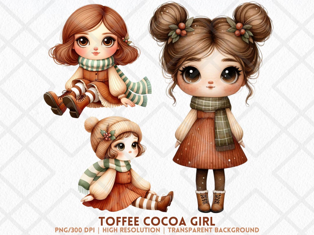 13 Toffee Cocoa Girl PNG Autumn Winter Chibi Clipart Set for Cozy ...