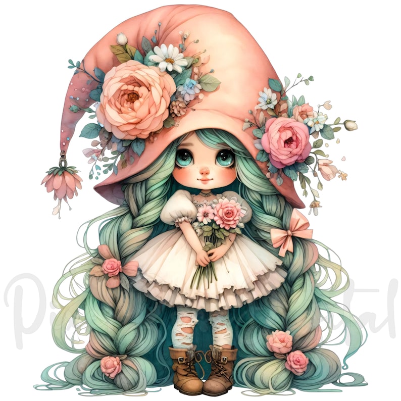 12 Mint Meadow Gnome Clipart PNG Green Braided Hair Girl Floral Hat ...