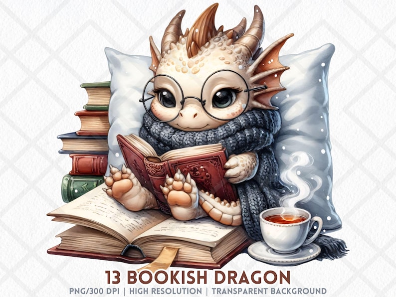 Bookish Dragon Clipart PNG Cute Reading Baby Dragon With Books Cozy ...