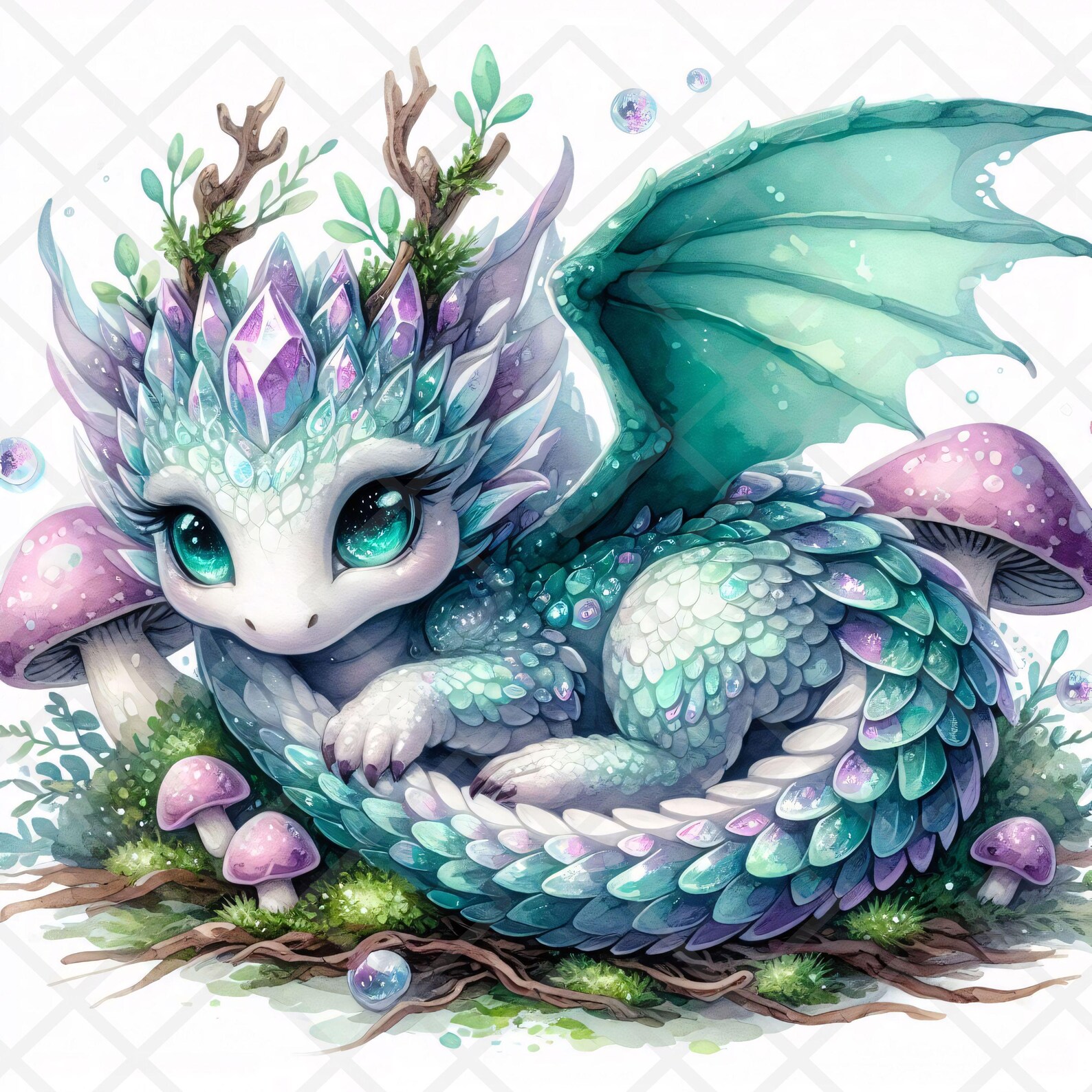 Crystal Forest Hatchling JPG Clipart, Cute Watercolor Baby Dragon With ...
