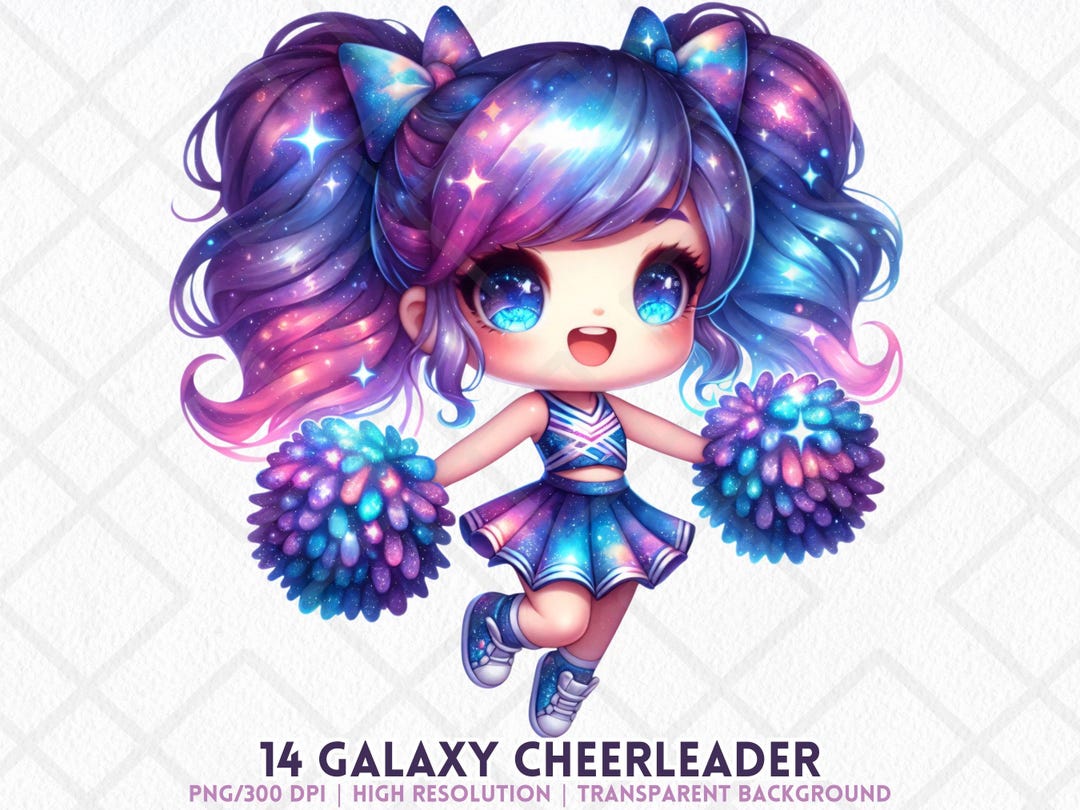 Galaxy Cheerleader Clipart PNG Cosmic Chibi Girl With Pom Poms Star ...