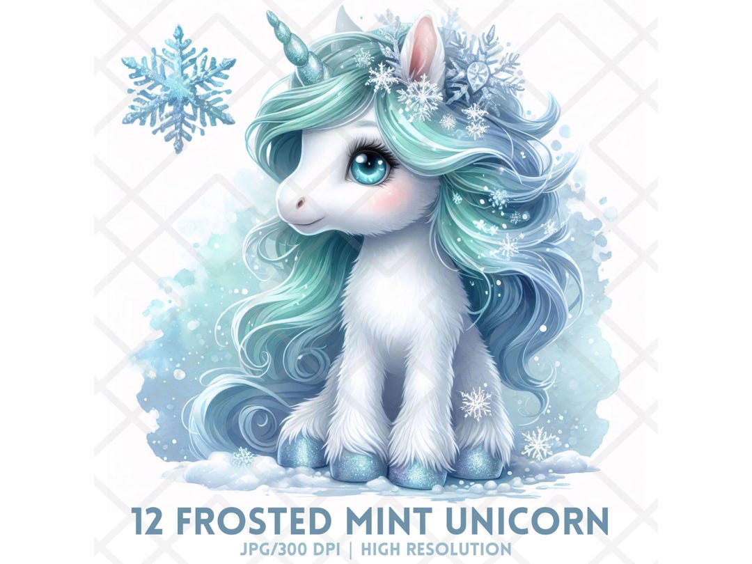Frosted Mint Winter Unicorn Clipart JPG, Cute Snowflake Baby Unicorn ...