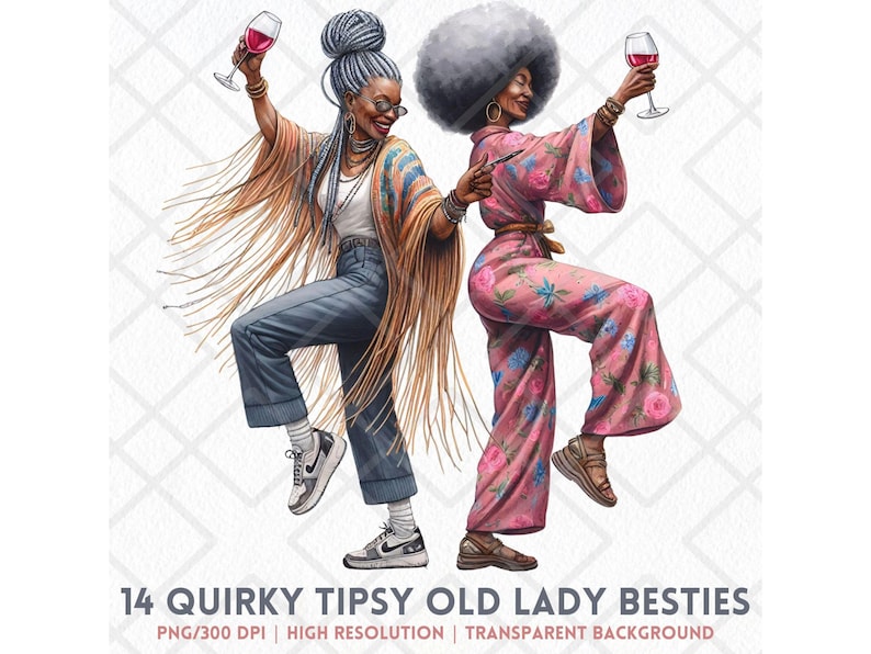 Quirky Tipsy Old Lady Besties Clipart PNG, Funny Drunk Granny Friends ...