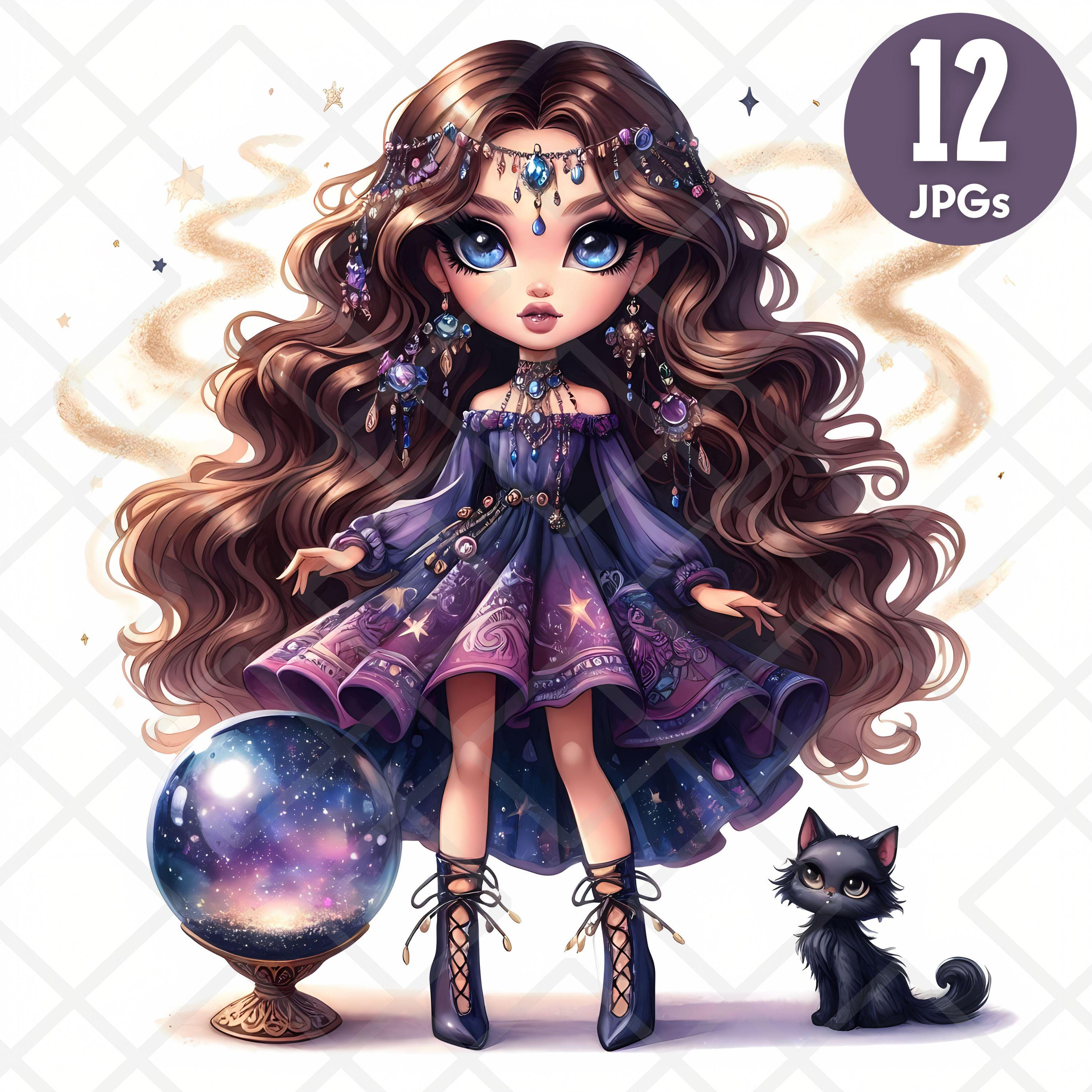Whimsical Fortune Teller Clipart JPG, Mystic Celestial Girl Digital ...