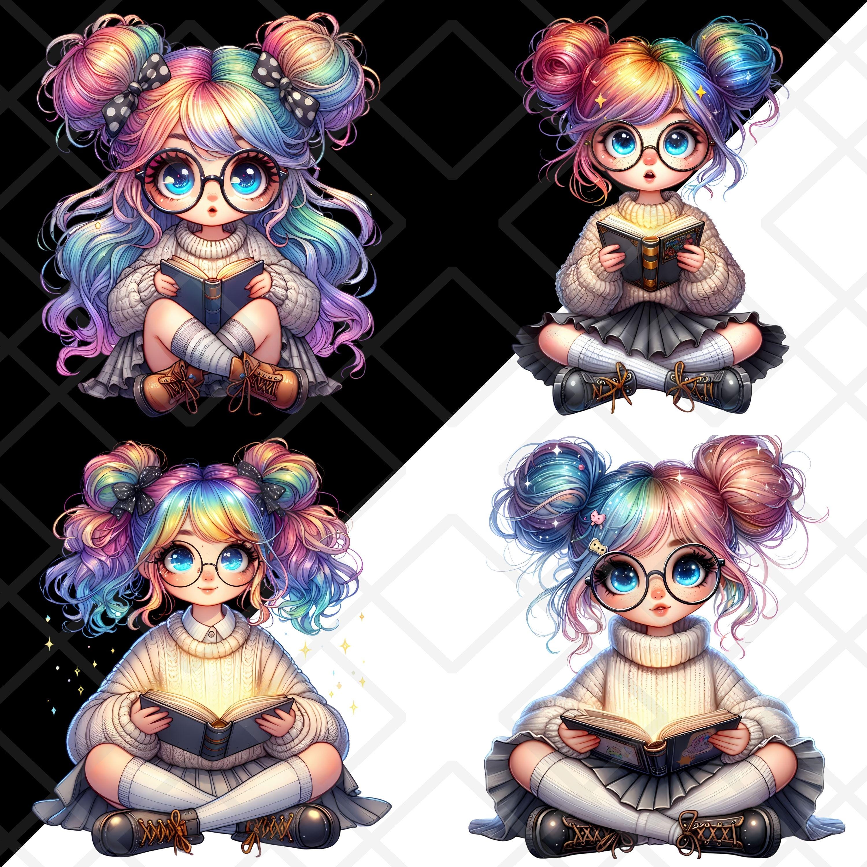 Whimsical Rainbow Bookworm Girl PNG, Magical Reading Girl Clipart, Cute ...