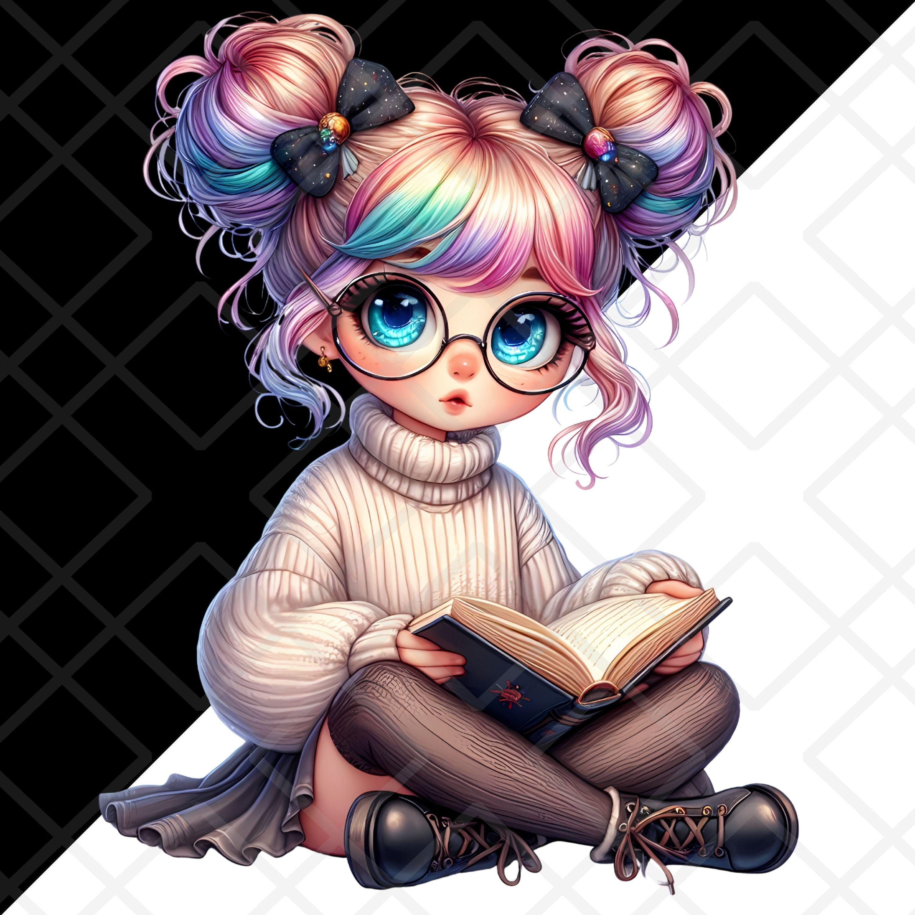 Whimsical Rainbow Bookworm Girl PNG, Magical Reading Girl Clipart, Cute ...