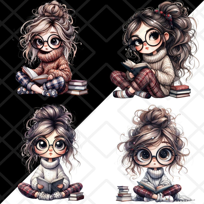 Cozy Bookworm Girl Clipart PNG, Cute Watercolor Nerdy Girl, Plaid Scarf ...