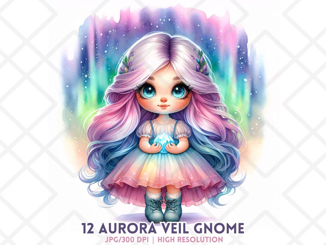 Aurora Veil Gnome Clipart JPG Fantasy Girl Northern Lights Art Pastel Hair Cute Chibi Gnome JPG ...
