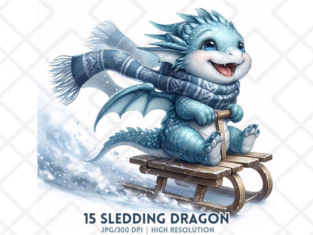 Sledding Dragon Clipart JPG Cute Winter Dragon on Sled Fantasy Snow Day ...