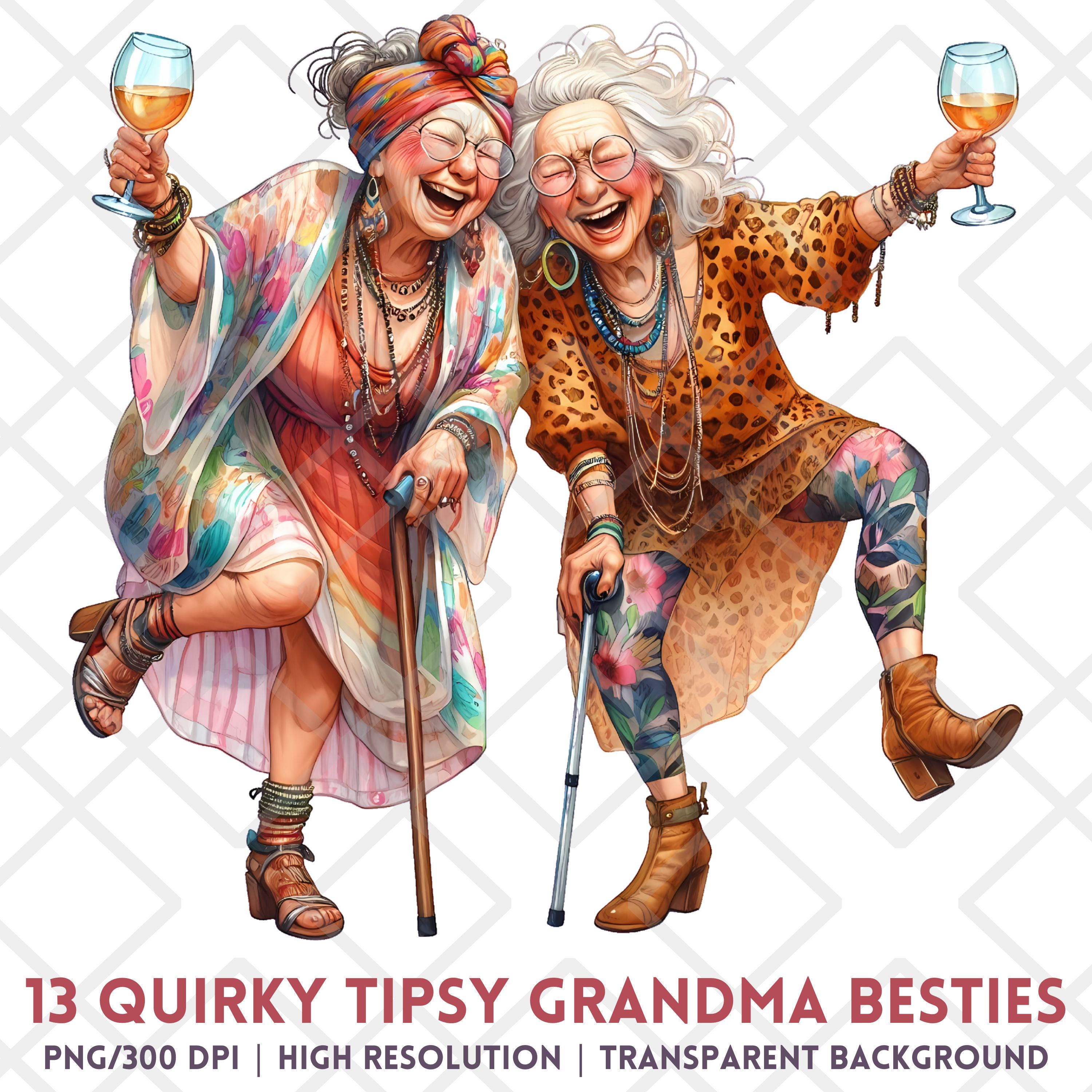 Fun Wine-drinking Old Ladies Clipart PNG, Quirky Grandma Best Friends ...