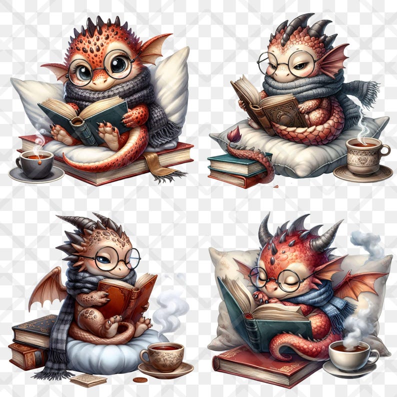Bookish Dragon Clipart PNG Cute Reading Baby Dragon With Books Cozy ...