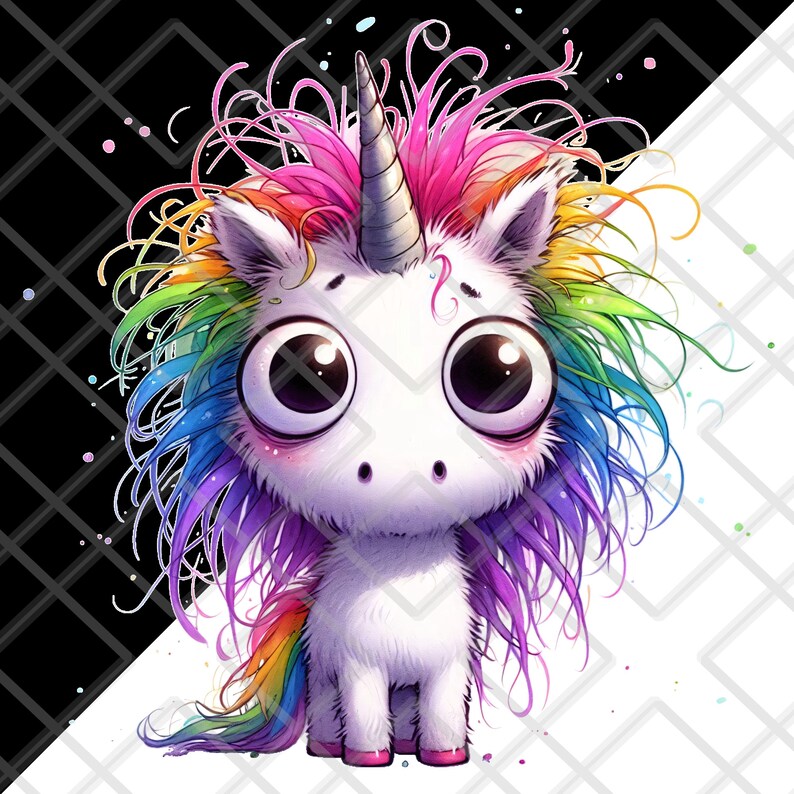 Watercolor Frazzled Rainbow Unicorn PNG, Quirky Big Eyes Cute Unicorn ...