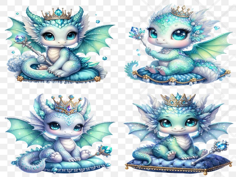 Crystal Dragon Princess Clipart PNG Mint Blue Baby Dragon Crown Wand ...