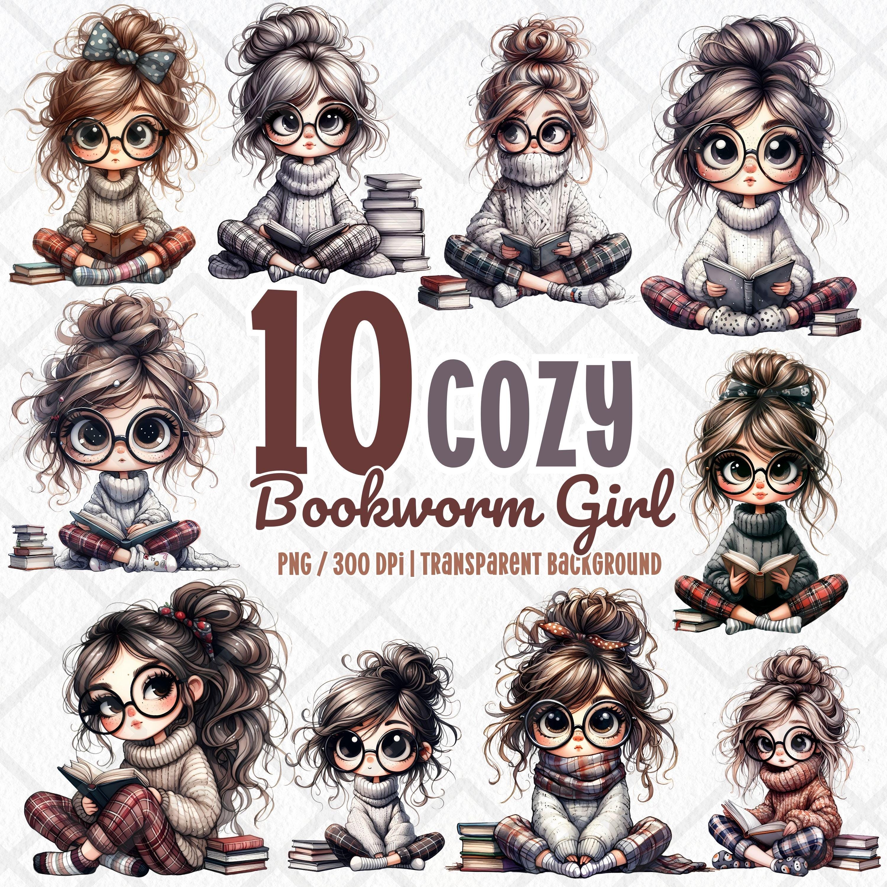Cozy Bookworm Girl Clipart PNG, Cute Watercolor Nerdy Girl, Plaid Scarf ...