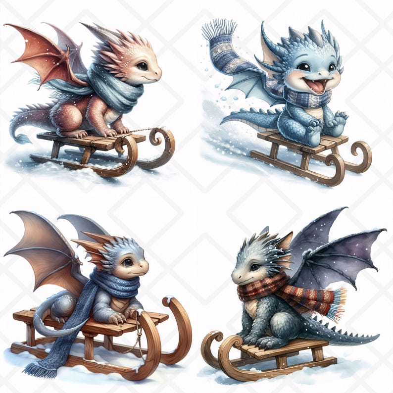 Sledding Dragon Clipart JPG Cute Winter Dragon on Sled Fantasy Snow Day ...