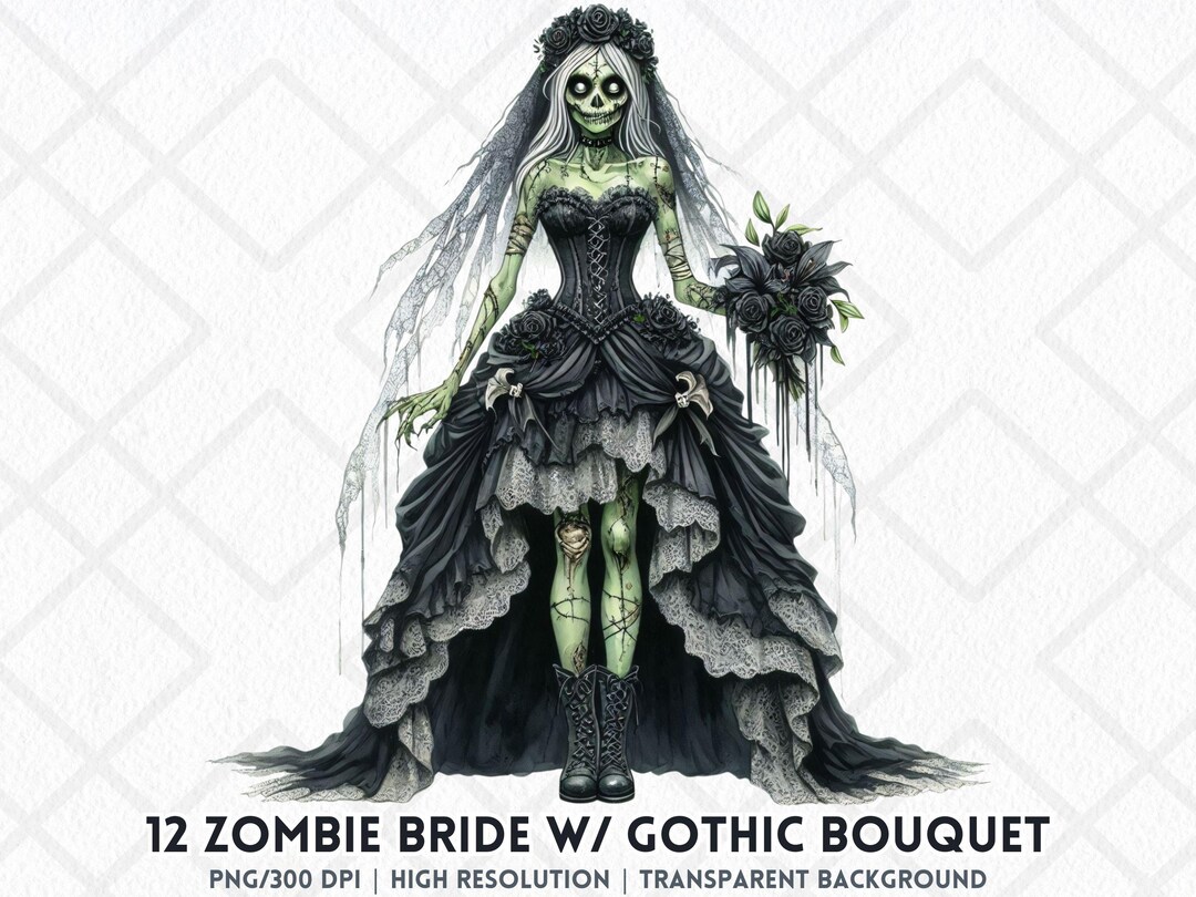 Gothic Zombie Bride Clipart Spooky Halloween Bride Black Roses PNG ...