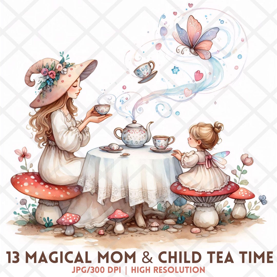 Watercolor Magical Mom and Child Tea Party JPG, Fairy Mom and Child ...