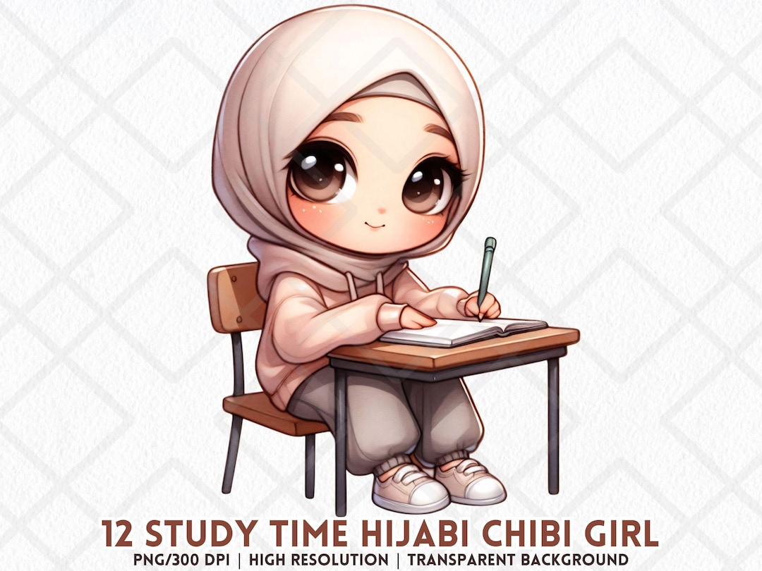 Cute Hijabi Chibi Girl Clipart Study Time Muslim Islam Muslimah PNG ...