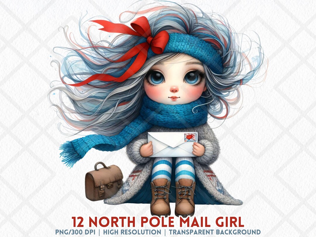 North Pole Mail Girl Clipart Windswept PNG for Letters to Santa Cards ...