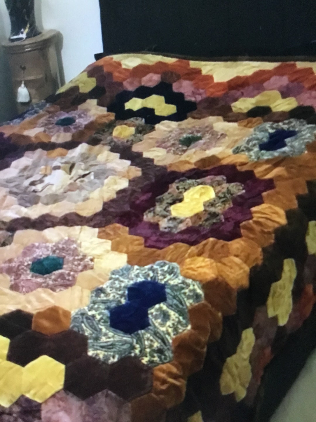 Vintage Hand-made Brown Velvet and Coloured Patchwork Quilt or Wall ...